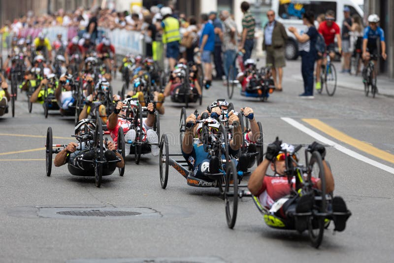 Group of Athletes with Their Special Bikes on a City Track in a Race ...