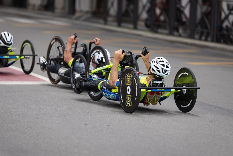 Group of Athletes with Their Special Bikes on a City Track in a Race ...