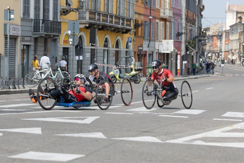 Group of Athletes with Their Special Bikes on a City Track in a Race ...