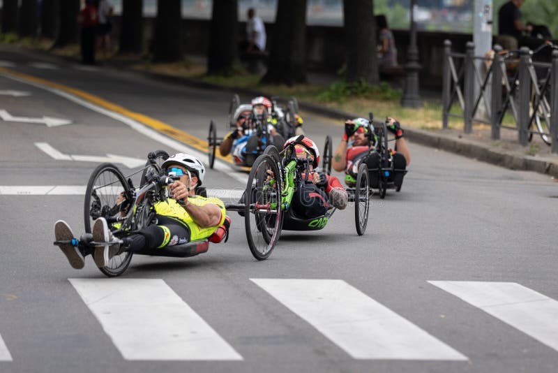Group of Athletes with Their Special Bikes on a City Track in a Race ...