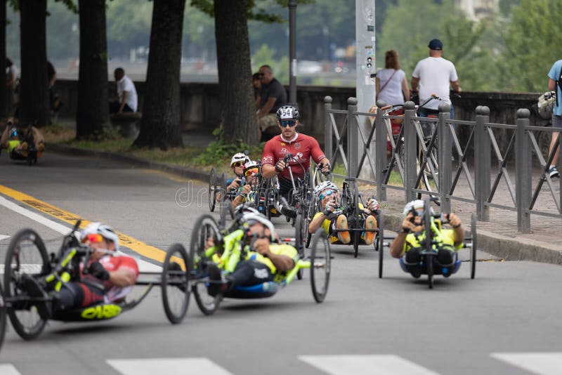 Group of Athletes with Their Special Bikes on a City Track in a Race ...