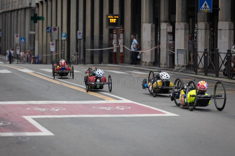 Group of Athletes with Their Special Bikes on a City Track in a Race ...