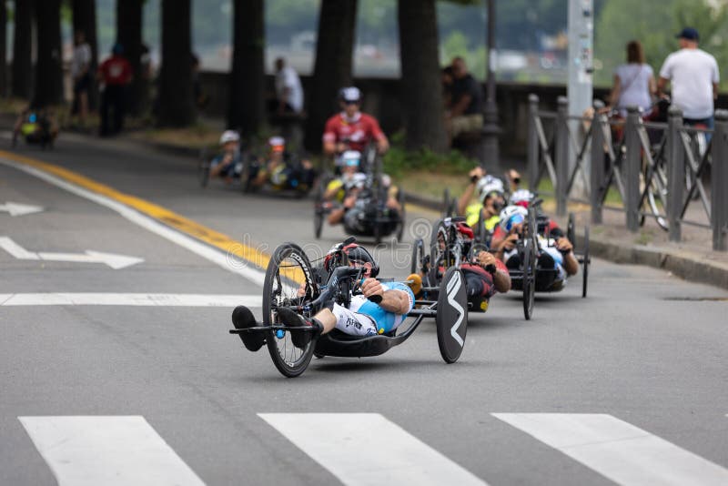 Group of Athletes with Their Special Bikes on a City Track in a Race ...