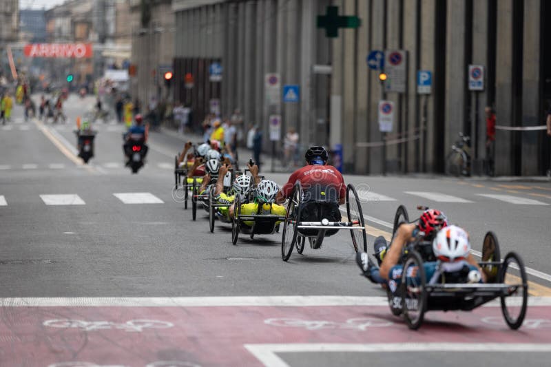 Group of Athletes with Their Special Bikes on a City Track in a Race ...