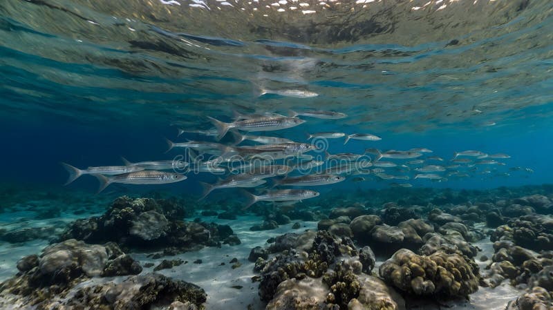 Group of Atlantic Needlefish Swimming in Sync Near Rocky Seabed ...