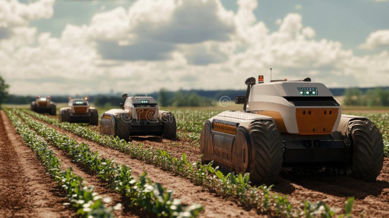 Autonomous Tractors Working in a Field of Crops Stock Illustration ...