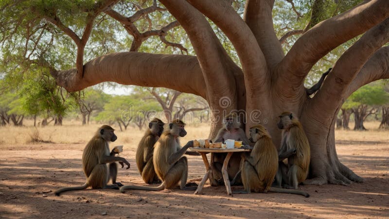 Savanna Baboons Enjoying a Relaxing Meal Under a Tree Stock ...