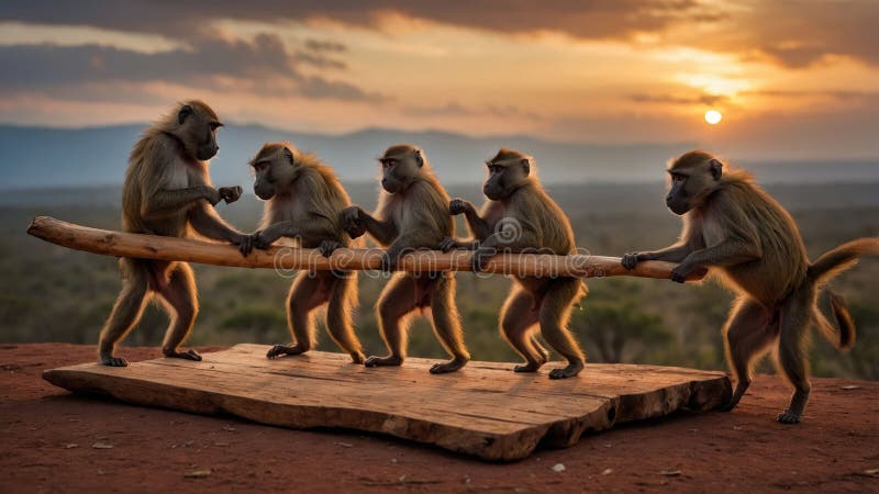 Four Baboons Carrying a Log at Sunset in African Savanna Stock ...