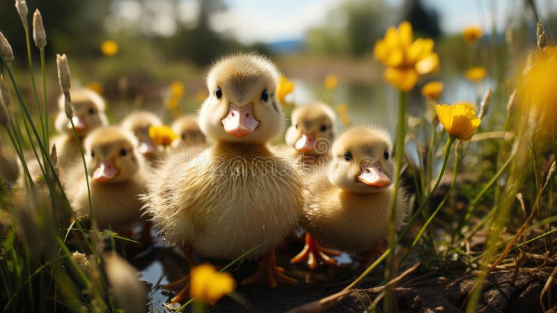 A Group of Baby Ducks in Grass. Generative AI. Stock Illustration ...