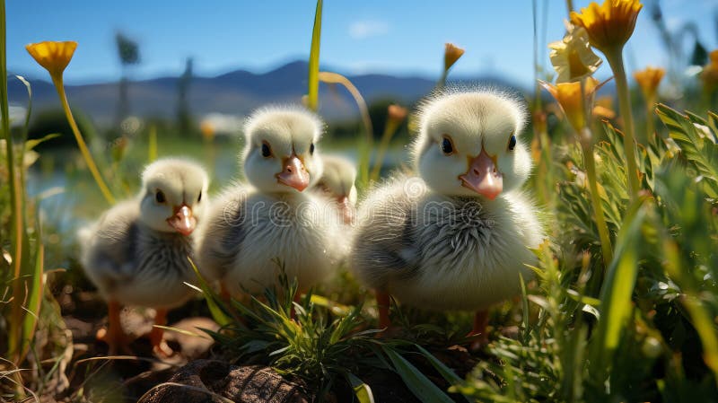 A Group of Baby Ducks in Grass. Generative AI. Stock Illustration ...