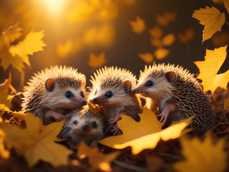 Group of Baby Hedgehogs Climbing and Playing in the Leaves. Ai ...