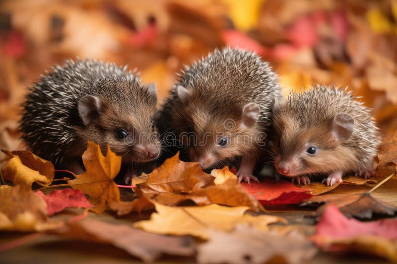 Group of Baby Hedgehogs Climbing and Playing in Pile of Autumn Leaves ...