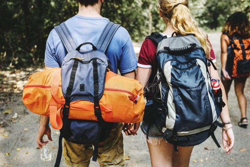 Group of Backpackers in Thailand Looking at Jungle Waterfall Stock ...
