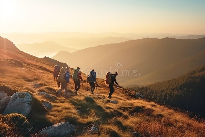 A Group of Backpackers Walking through the Mountains at Sunset. Stock ...