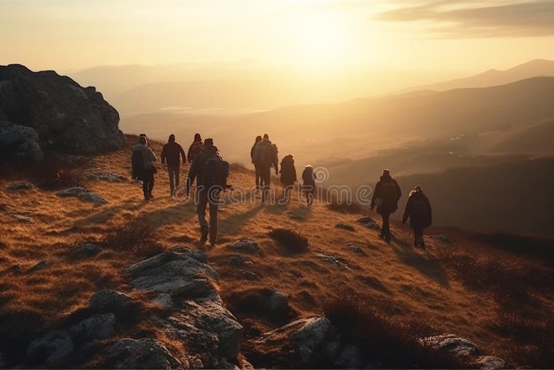 A Group of Backpackers Walking through the Mountains at Sunset. Stock ...
