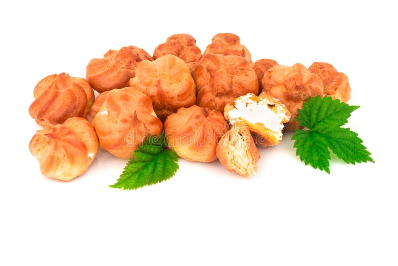 Group of Baked Eclair, Custard, Cake, Profiterole, Bread with Green ...