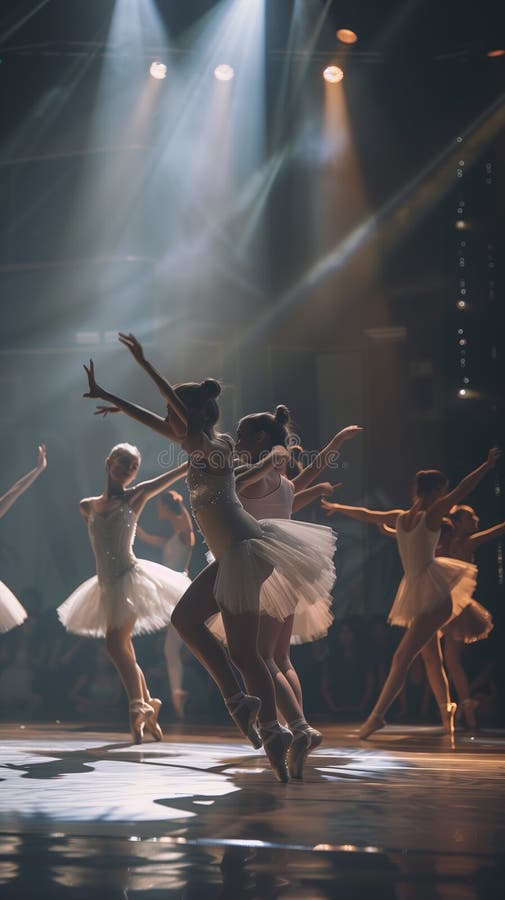 Group of Ballerinas is Dancing on Stage during a Ballet Class Under the ...