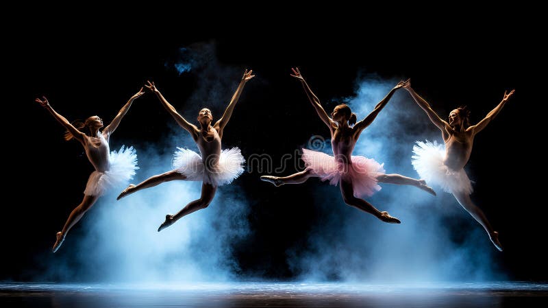 Ballet Dancers Performing Leap in Air with Smoke and Stage Lighting ...