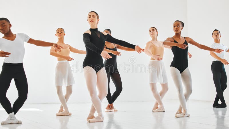Group, Ballet Dancers and Class with Coach for Performance, Routine or ...