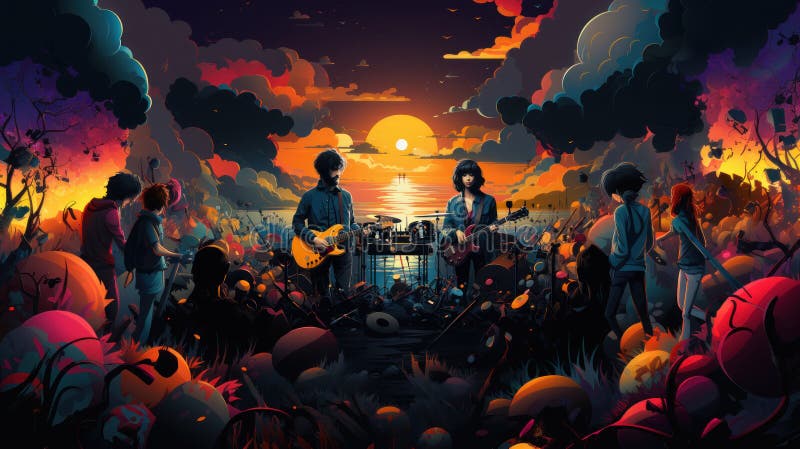 Group of Band People Playing Music in the Park at Sunset Stock ...