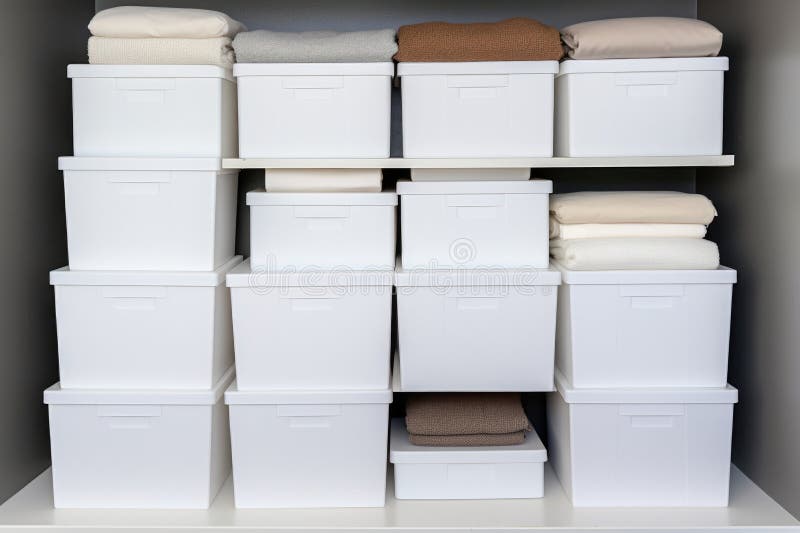 Group of Basic, White Storage Boxes Stacked in a Closet Stock Photo ...