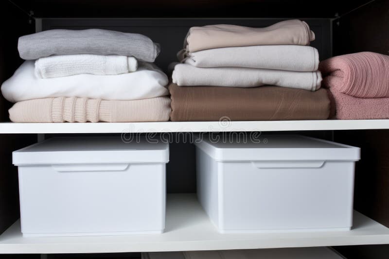 Group of Basic, White Storage Boxes Stacked in a Closet Stock Photo ...