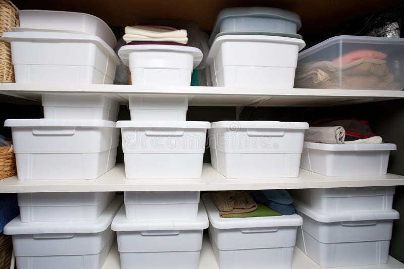 Group of Basic, White Storage Boxes Stacked in a Closet Stock Image ...