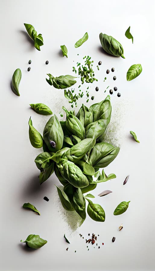 Group of Basil Leafy Vegetable Creatively Falling-Dripping Flying or ...