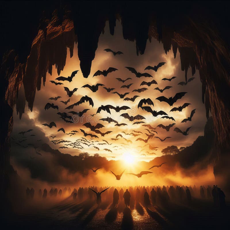 Group of Bats Emerging from a Dark Cave at Dusk a Swarm of Shado Stock ...