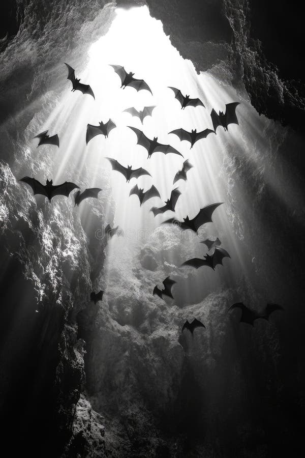 Group of Bats in Flight through Dark Cave Stock Image - Image of creepy ...