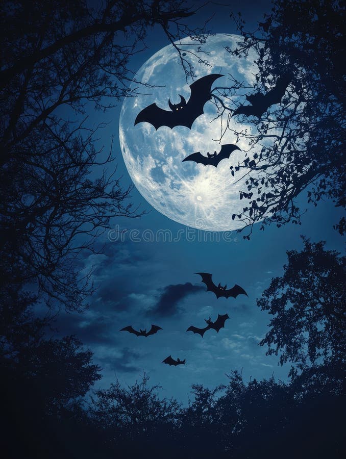 A Group of Bats Flying in Front of a Full Moon, Ideal for Use in ...