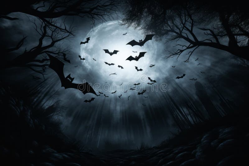 Group of Bats Flying Over a Forest Under a Full Moon Stock Illustration ...