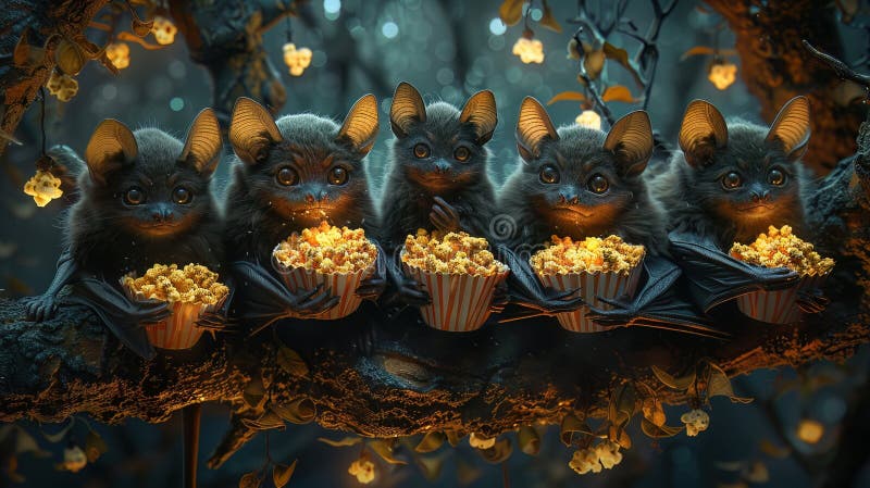 A Group of Bats Hanging from a Tree Branch Watching a Movie on a ...