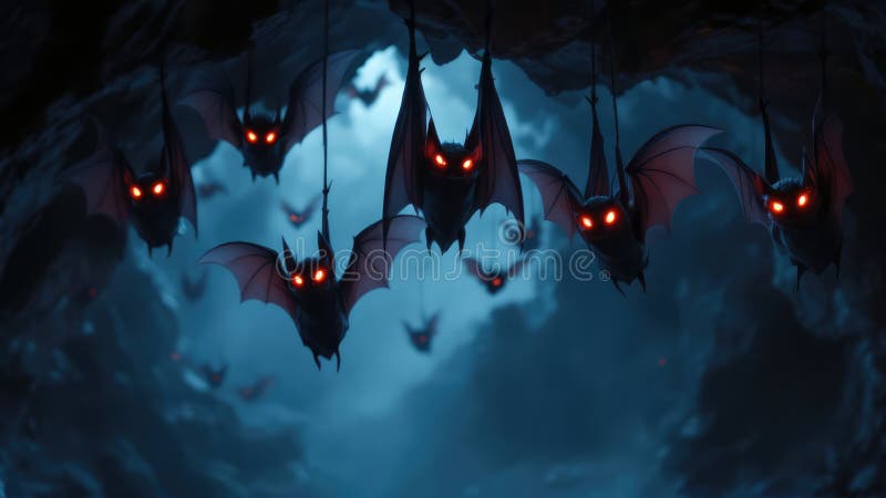Bats with Glowing Eyes Hanging in a Dark Cave at Twilight. Generative ...