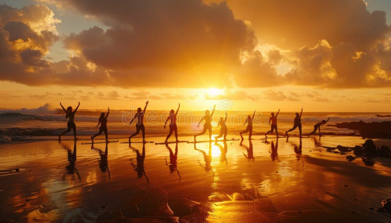 Group Beach Sunset Yoga Pose Reflections, Ideal for Relaxation and ...