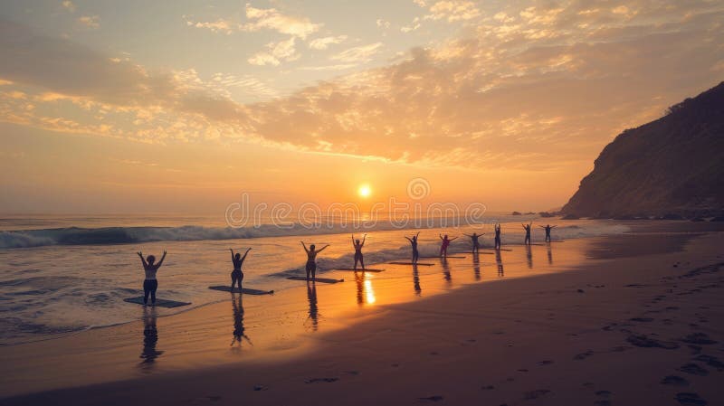 Group Beach Sunset Yoga Pose Reflections, Ideal for Relaxation and ...