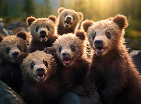 A Group of Bear Cubs Looking at the Camera Stock Illustration ...