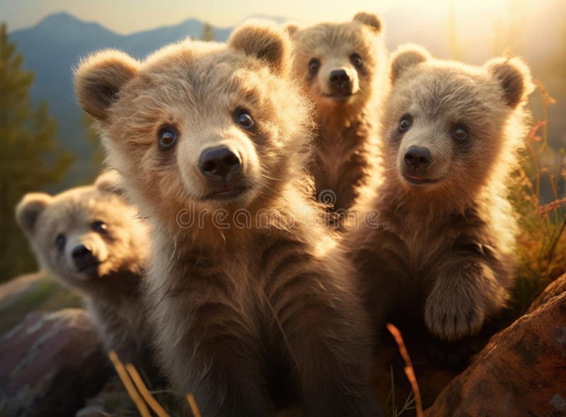 A Group of Bear Cubs Looking at the Camera Stock Image - Image of river ...