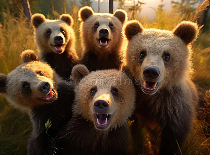 A Group of Bear Cubs Looking at the Camera Stock Image - Image of woods ...