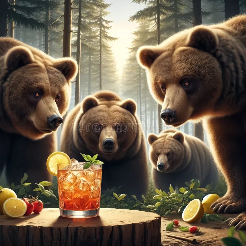 A Group of Bears Drinking a Lemon Cocktail Stock Illustration - Illustration of bovine, bird ...