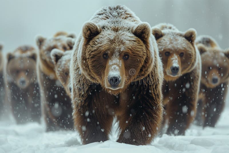 A Group of Bears Moving Along a Snowy Path Together in the Wild Stock ...