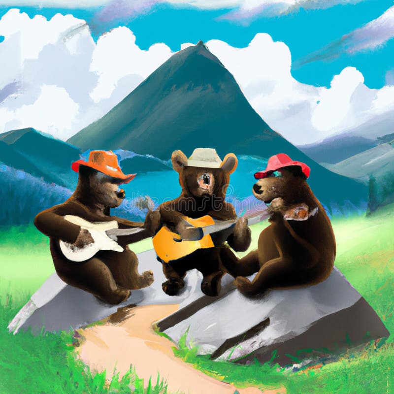 Group of Bears Playing Guitar on Mountains in Spring Season Stock ...