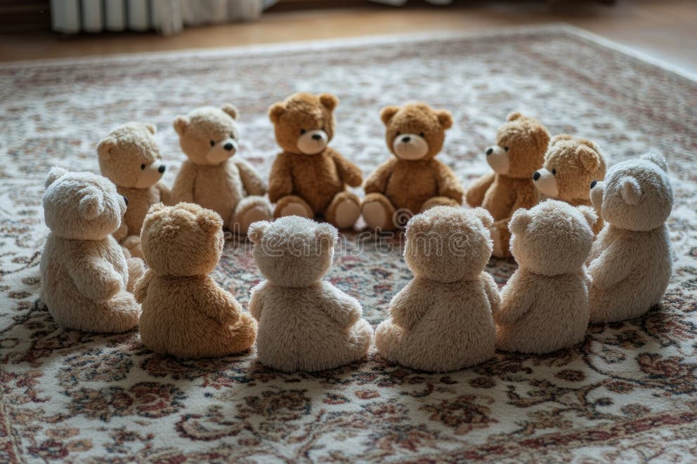 Group of Bears Sitting in Circle on Patterned Carpet, Having Meeting ...