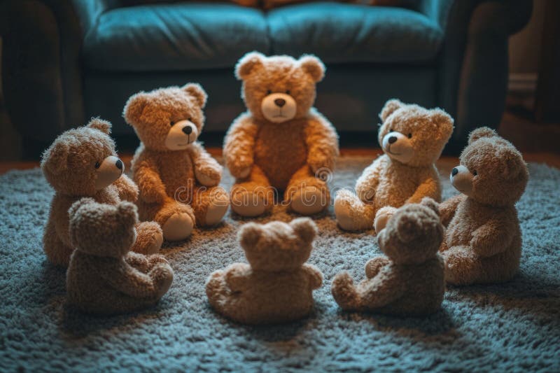 Group of Bears Sitting in a Circle on a Rug, Possibly Having a Meeting ...