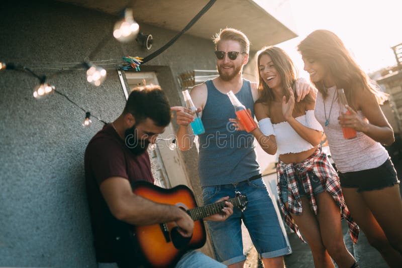 Group of Carefree Friends Dancing Have Fun in Summer Stock Image ...