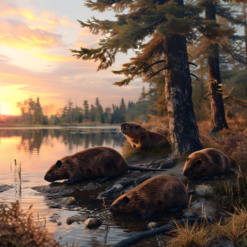 Group of Beavers Sitting at the Bank of the Forest River with Setting ...