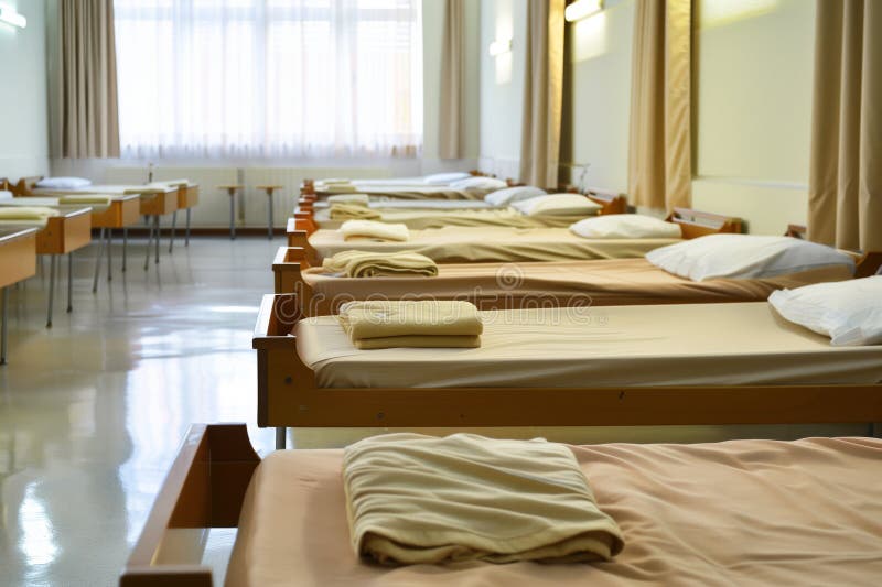 Group of Beds in a Clean, Welllit Communal Sleeping Area Stock Photo ...