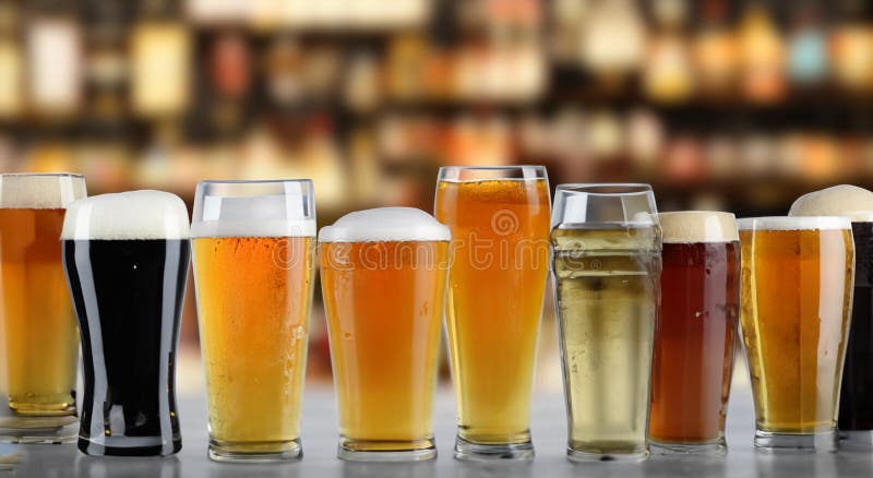 Group of Beers of Different Colors in a Bar Stock Illustration ...