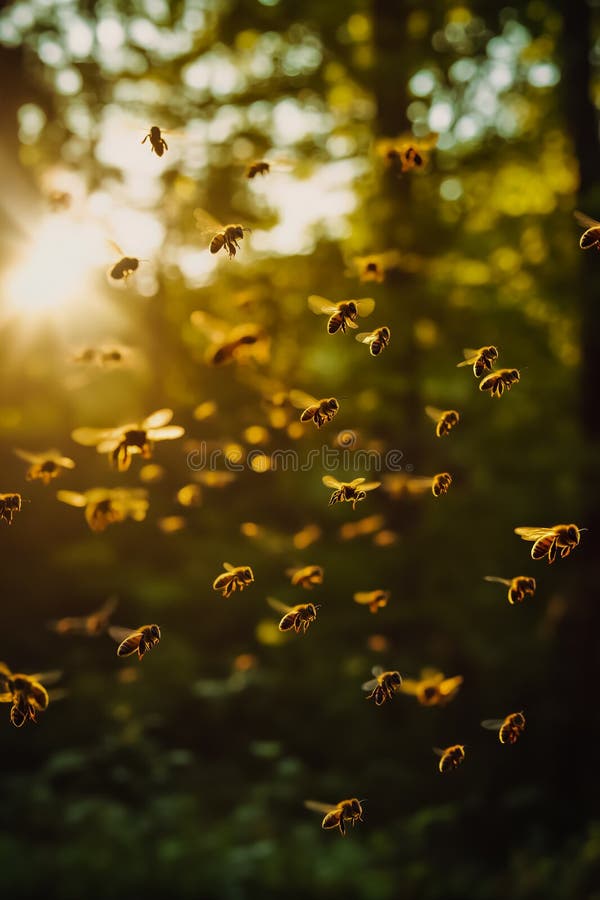 A Group of Bees Flying through the Air in a Forest Stock Illustration ...