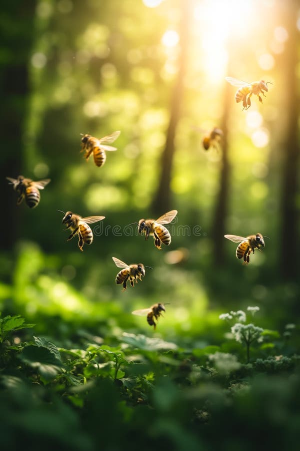 A Group of Bees Flying through the Air in a Forest Stock Image - Image ...